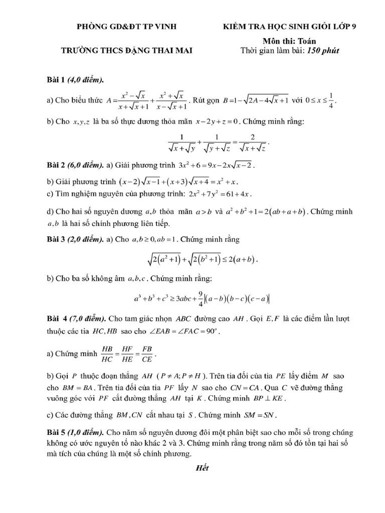 De Hoc Sinh Gioi Toan 9 Nam 2023 2024 Truong Thcs Dang Thai Mai Nghe An | PDF