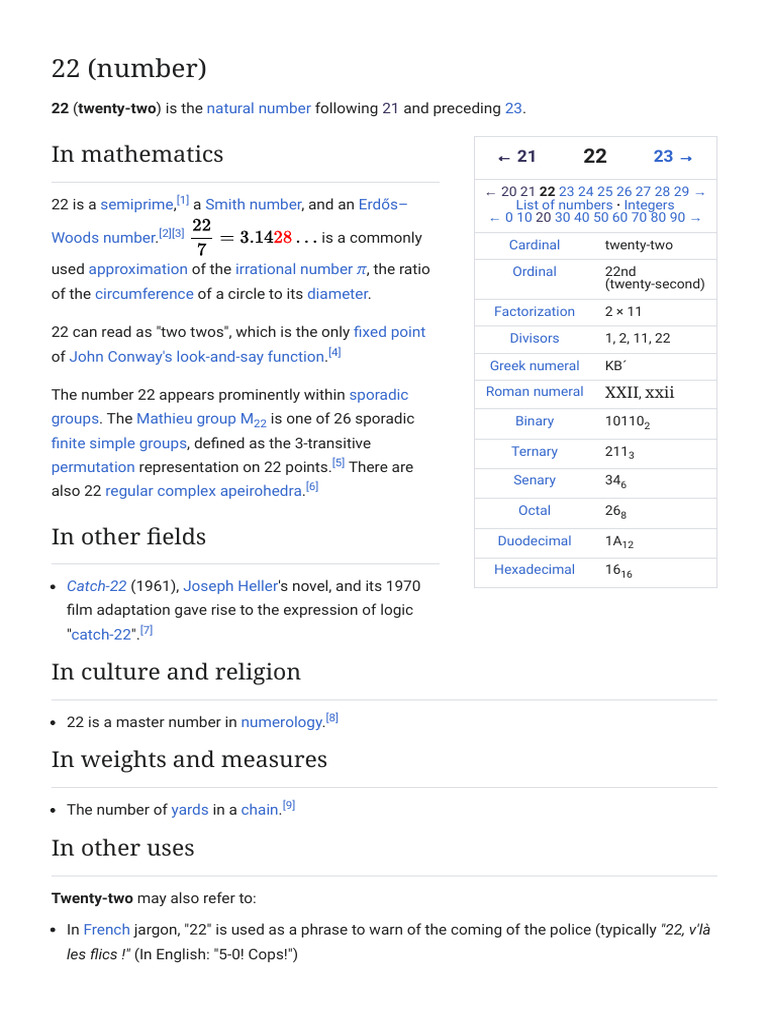 22 (Number) - Wikipedia | PDF | Numbers | Arithmetic