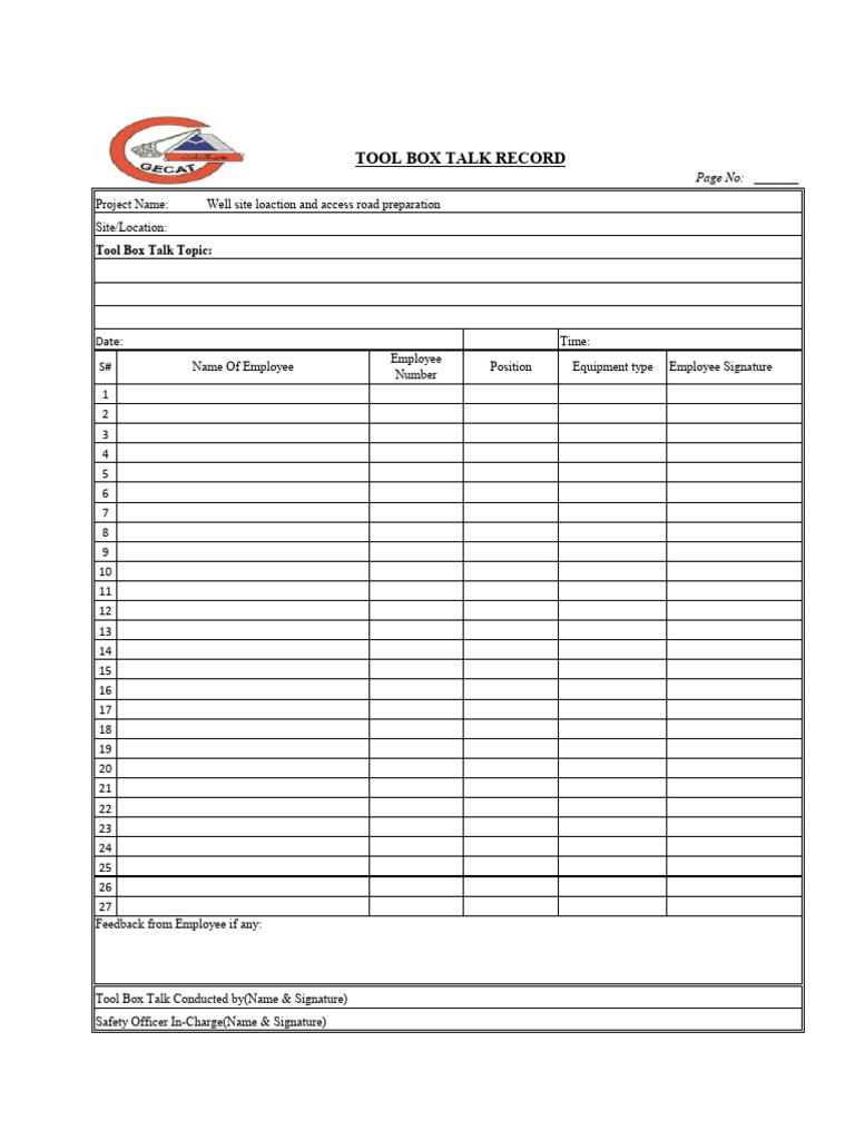 Tool Box Talk Record Template | PDF