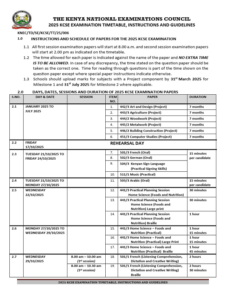 2025 KCSE Timetable Oct Nov | PDF