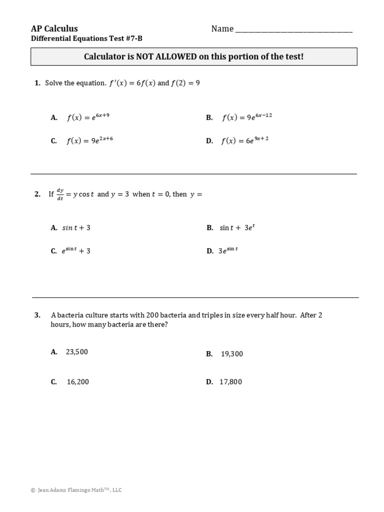 Differential Equations AP Test 7B | PDF | Absorbed Dose