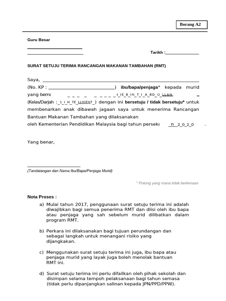 Borang A2 Surat Setuju Terima RMT | PDF