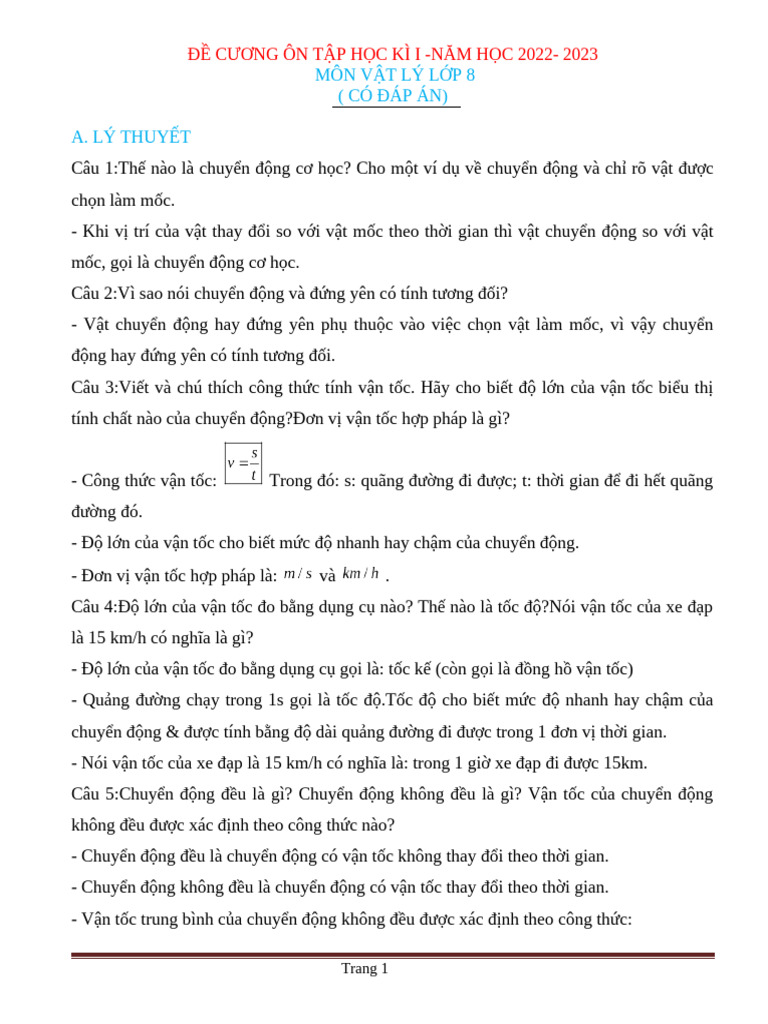 22 - 23 GV De-cuong-on-tap-Vat-Li-8-HK1 | PDF