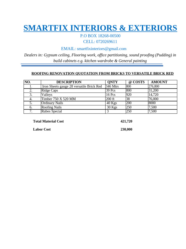 Roofing Renovation Quotation From Bricks To Versatile Brick Red | PDF