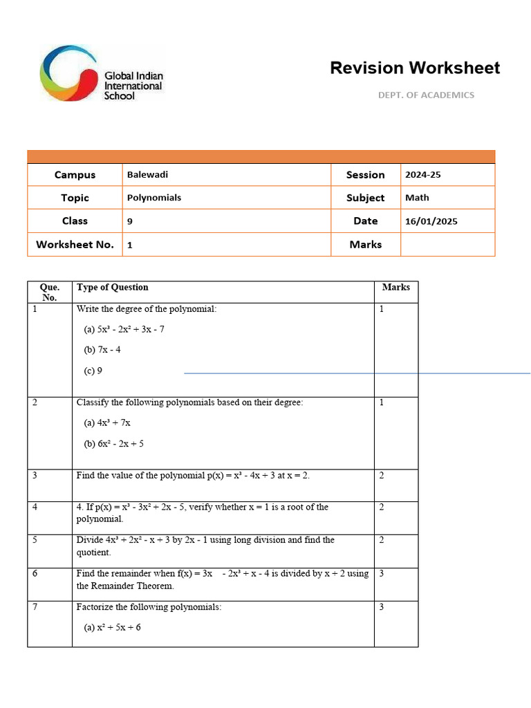 Revision Worksheet 1 - Gr9 - Math - AE - 2024-25 | PDF