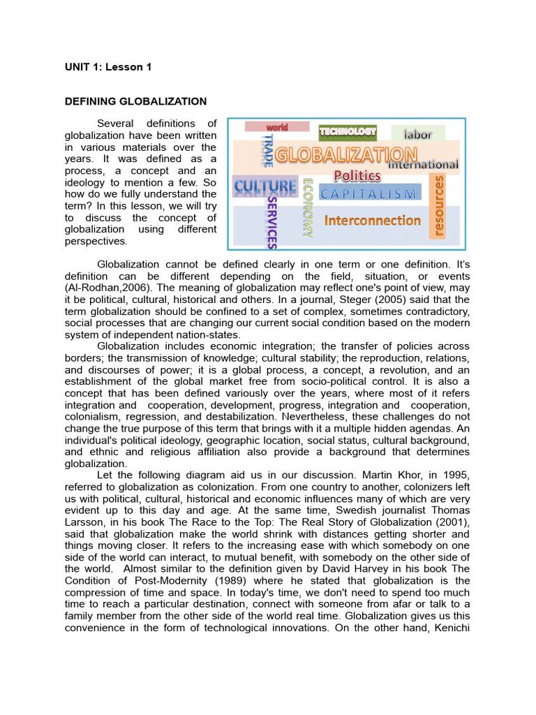 UNIT 1 Lesson 1 Definition of Globalization 1 | PDF | Globalization | Ideologies