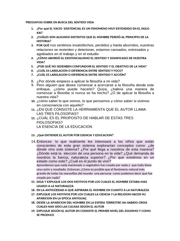 PREGUNTAS SOBRE EN BUSCA DEL SENTIDO VIDA | PDF | Egoismo psicologico | Significado de la vida