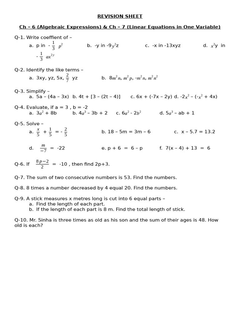 7th Revision Algebra | PDF