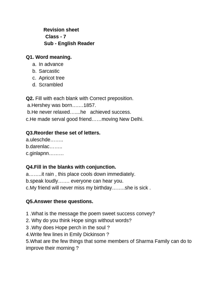 Class 7 Eng Reader Revision Sheet | PDF