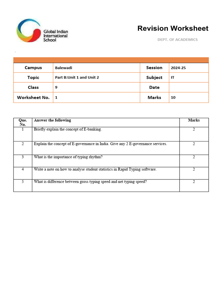 Revision worksheet 1_IT | PDF