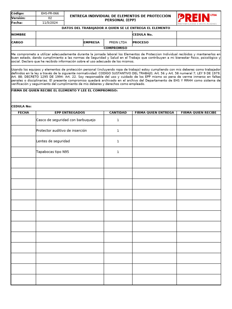 .Ehs-Fr-066 Entrega Individual de Epp | PDF