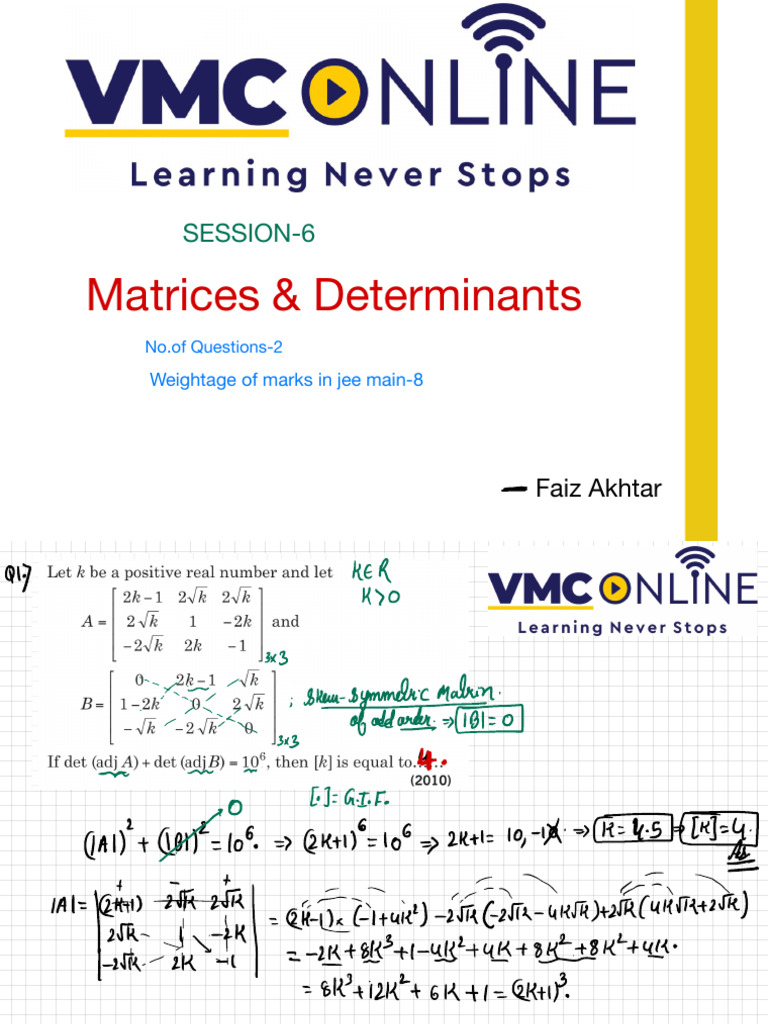 VMC GRAND MARATHON Session 6-Matrices&Determinants | PDF | Matrix Theory | Linear Algebra