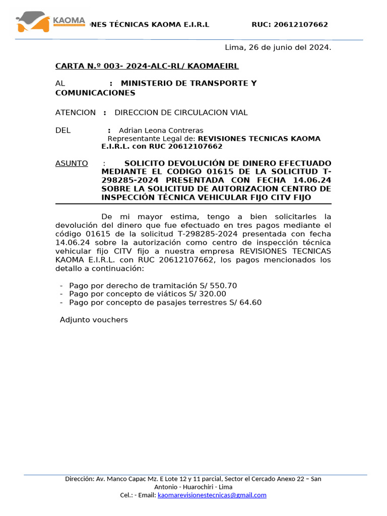 CARTA N°003-2024 - SOLICITO DEVOLUCION DE DINERO | PDF