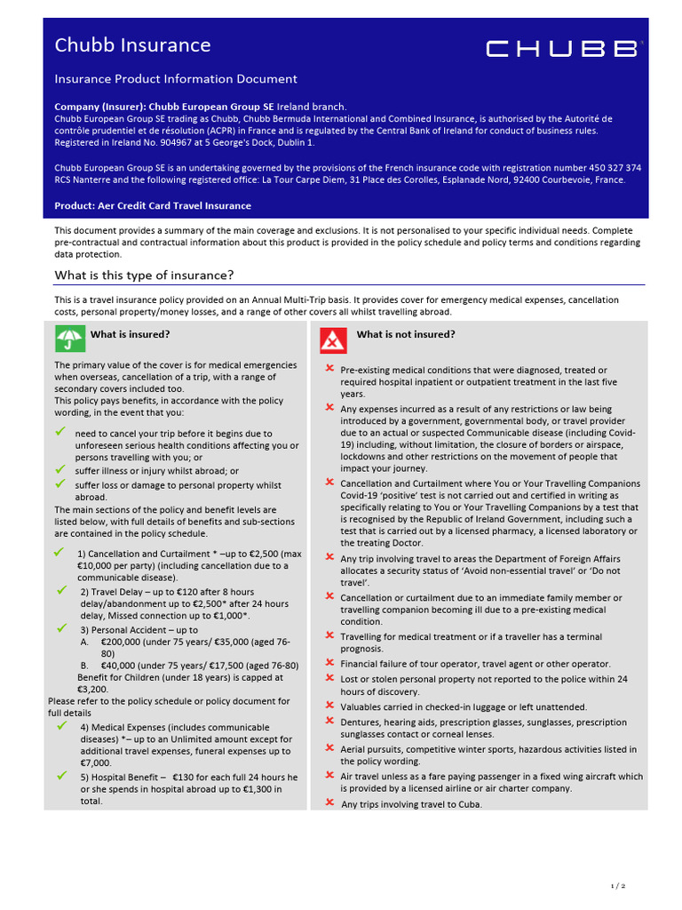 Aer Insurance Product Information Document (IPID) | PDF | Insurance ...