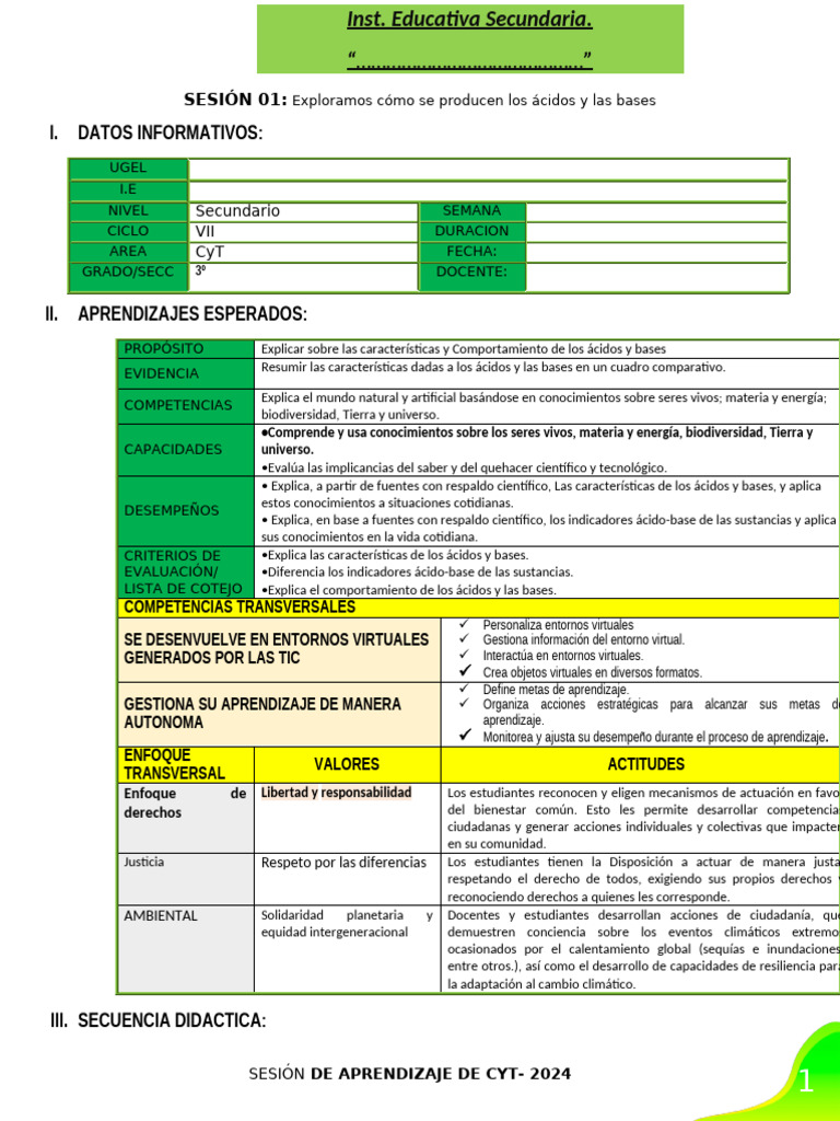 A-3º Ses Act 1-Cyt-Und 6 - Sem 1 | PDF | Aprendizaje | Ácido