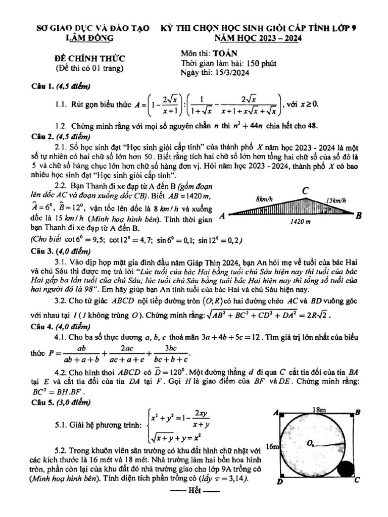 De Hoc Sinh Gioi Cap Tinh Toan 9 Nam 2023 2024 So GDDT Lam Dong | PDF