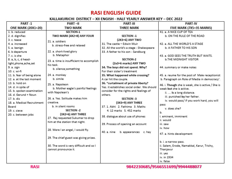 XII English Exam Answer Key | PDF
