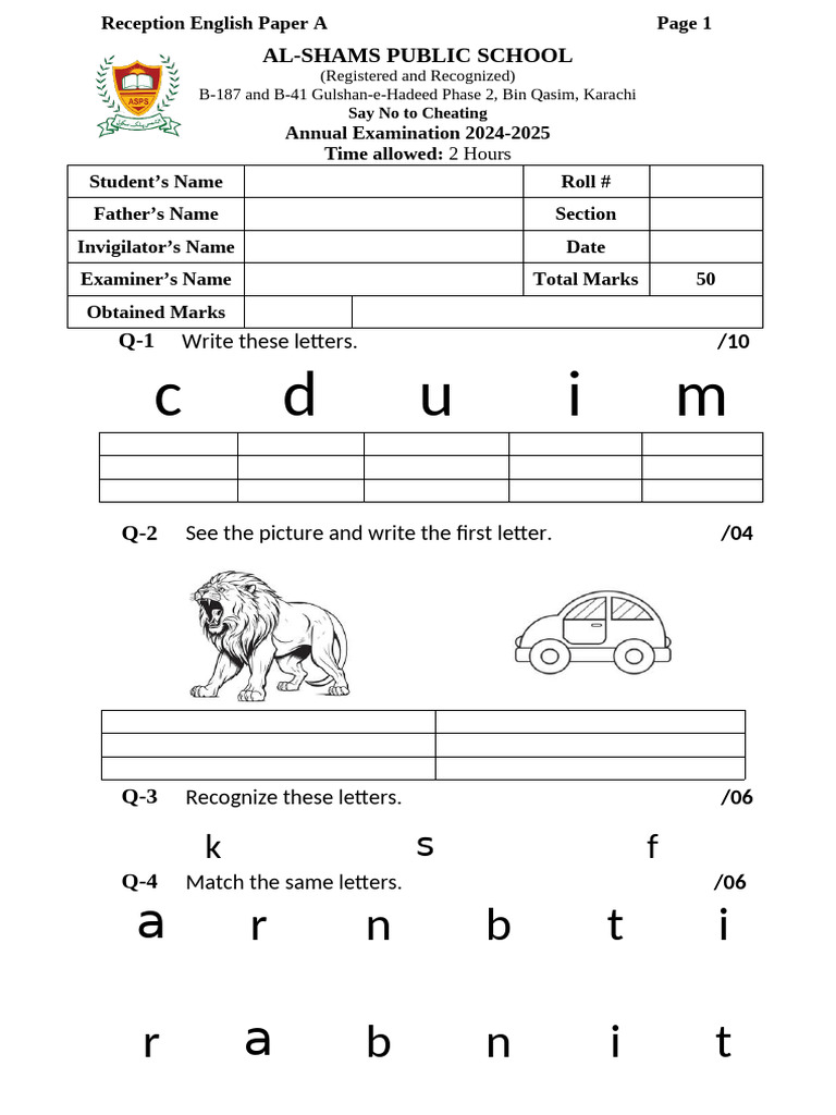 Reception English Paper A of Annual Examination 2024-2025 | PDF