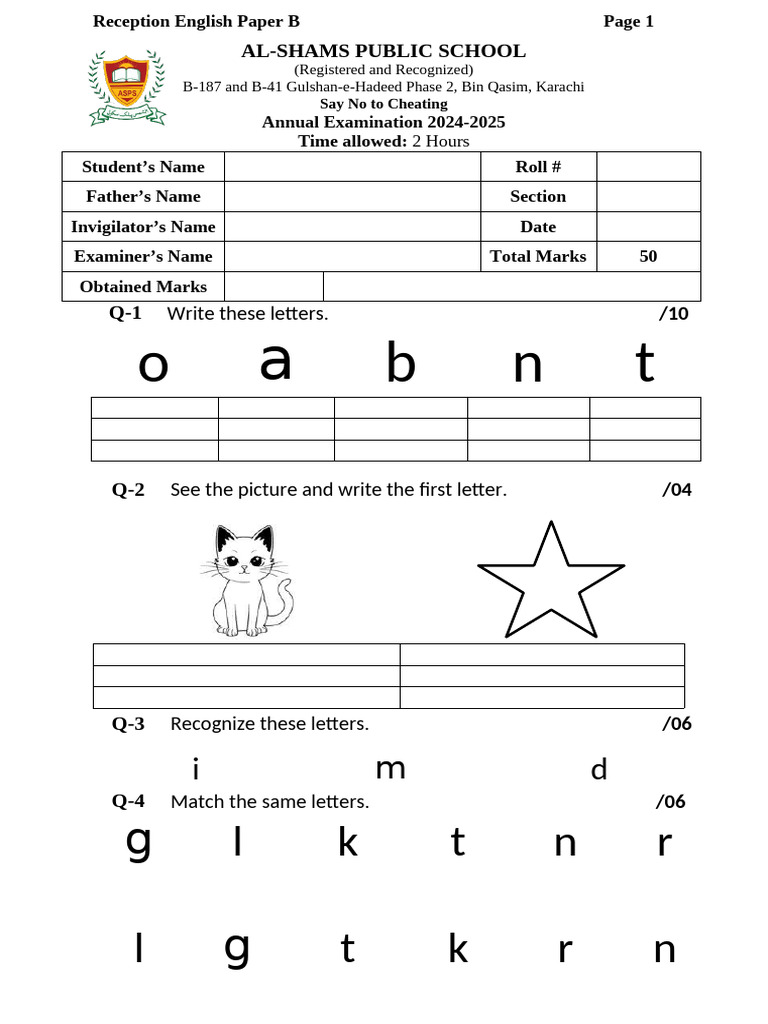 Reception English Paper B of Annual Examination 2024-2025 | PDF