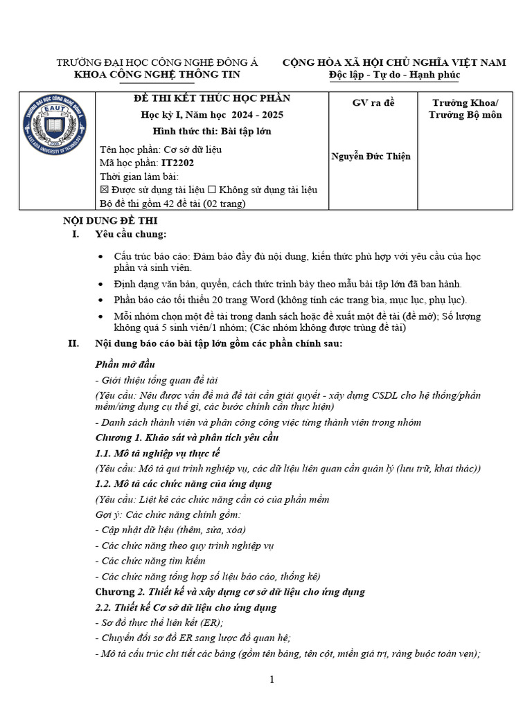 Đề Thi Kết Thúc Học Phần CSDL | PDF