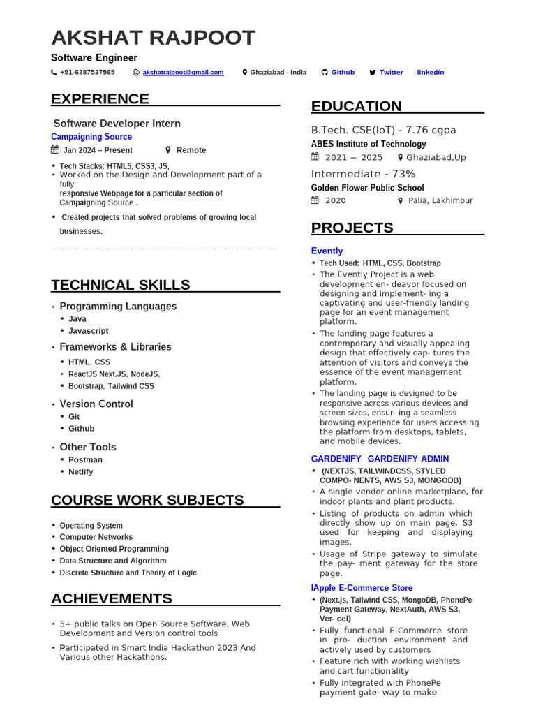 Sample-resume Btech (3) | PDF | Bootstrap (Front End Framework) | World Wide Web