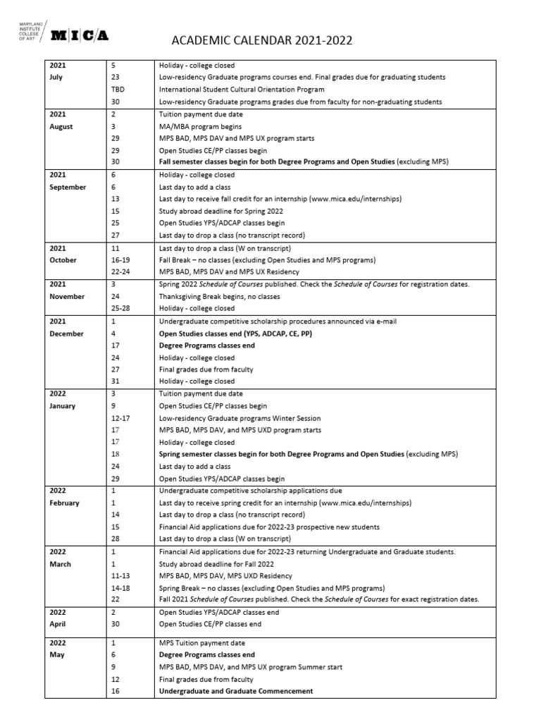 MICA 2021-2022 Academic Calendar | PDF | Academic Term | Academia