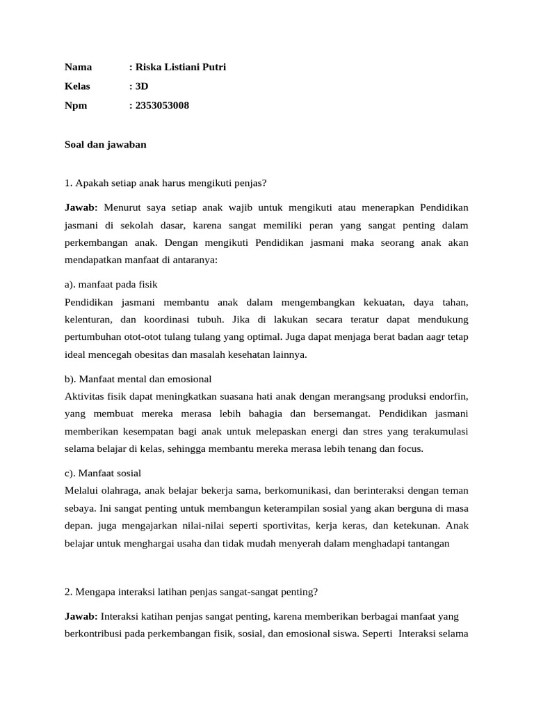 Riska Listiani Putri - Manfaat Penjas Di Sekolah Dasar | PDF