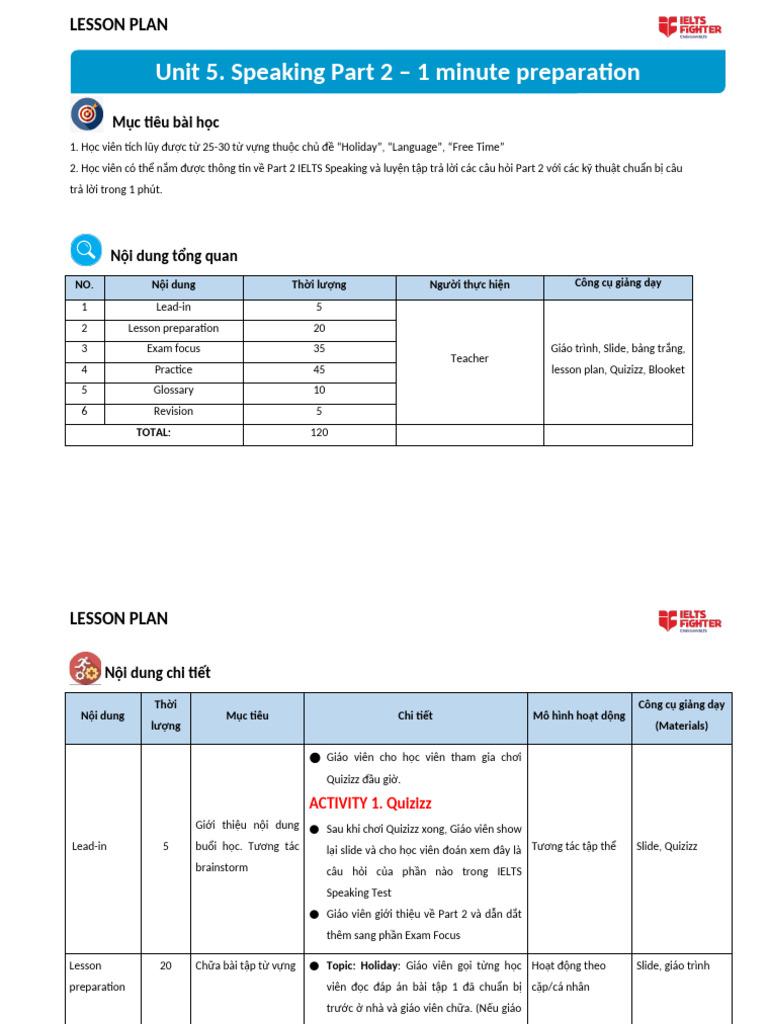 Lesson Plan - Speaking. Unit 5. Speaking Part 2 - 1 Minute Preparation ...