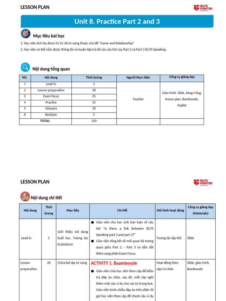 Lesson Plan - Speaking. Unit 8. Practice Part 2 and 3 | PDF
