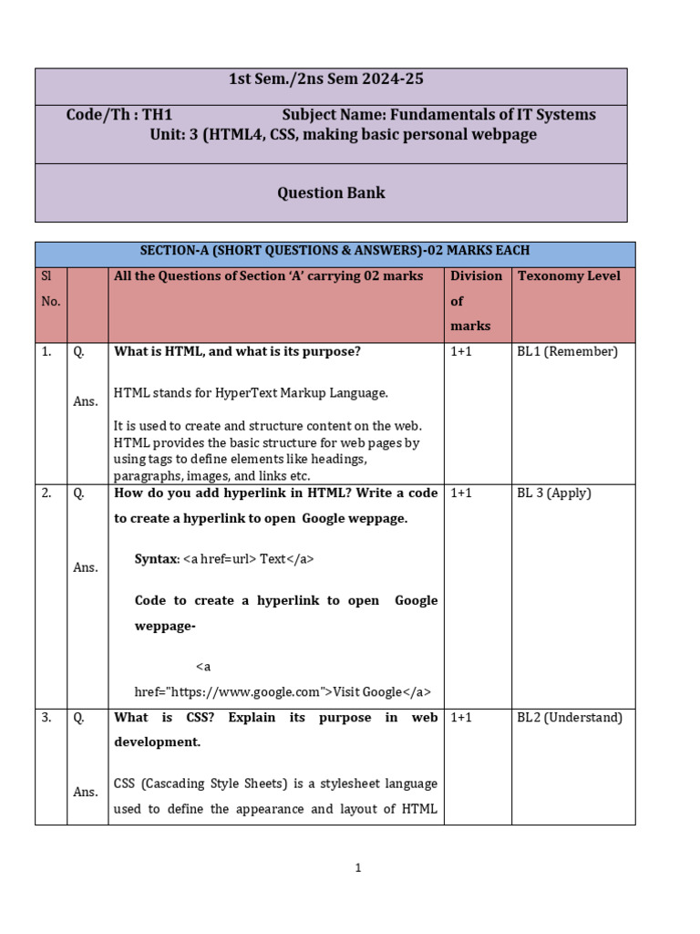 Introduction To IT Systems Question Paper | PDF | Html | Html Element