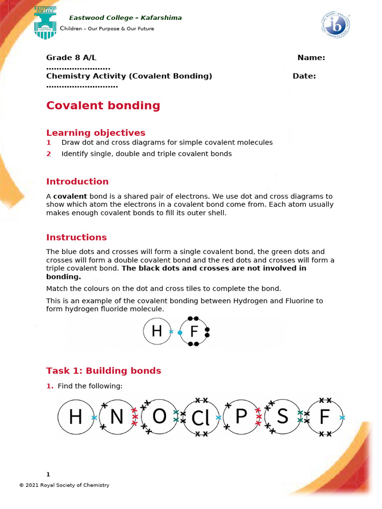 Covalent Bonding with Dot and Cross Diagrams | PDF | Chemical Bond ...