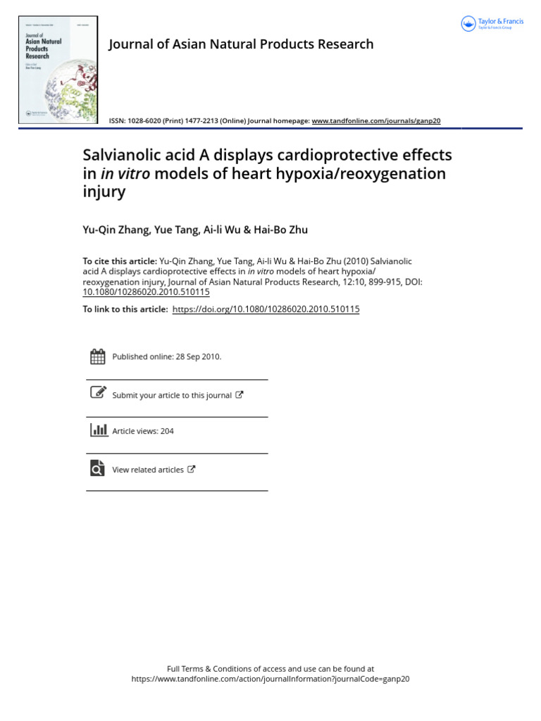 Salvianolic acid A displays cardioprotective effects in in vitro models of heart hypoxia ...