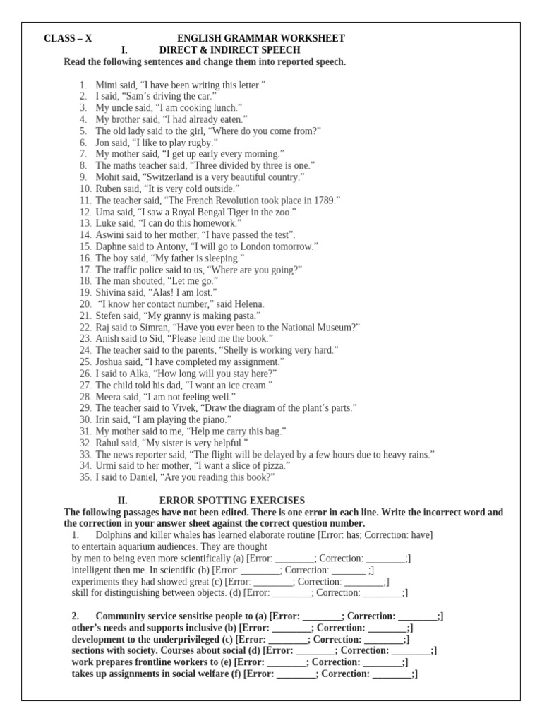 Class 10 English Grammar Worksheets For Practice | PDF