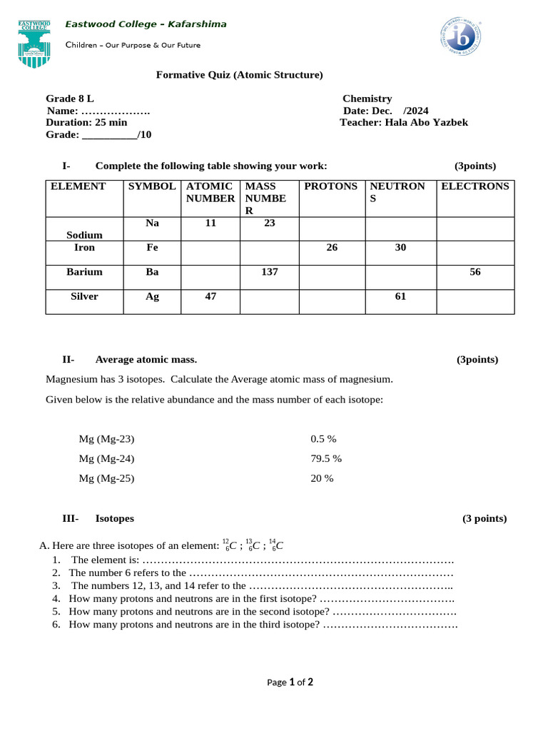 Formative Quiz Atomic Structure | PDF