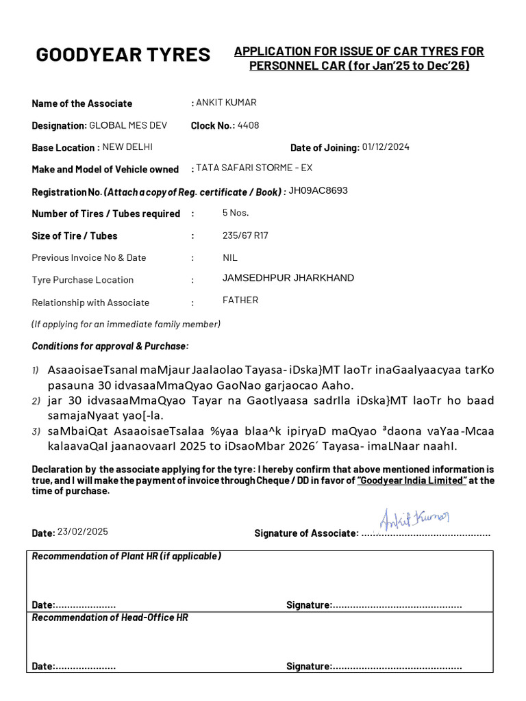 PSA FORM For Application of Tyres | PDF