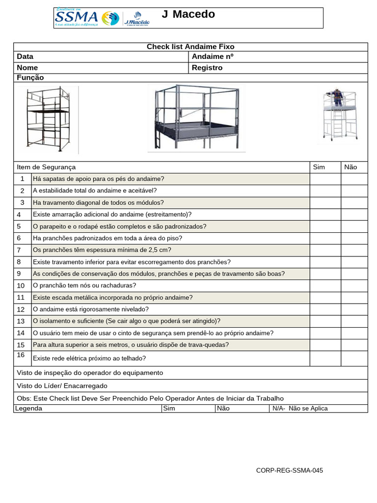 CORP-REG-SSMA-045 - Check List Andaime Fixo | PDF