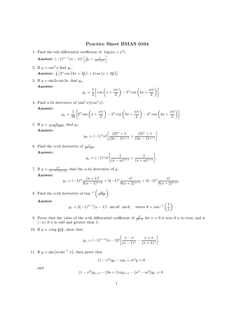 BMAS 2 Practice Sheet: Derivatives | PDF | Mathematical Analysis ...