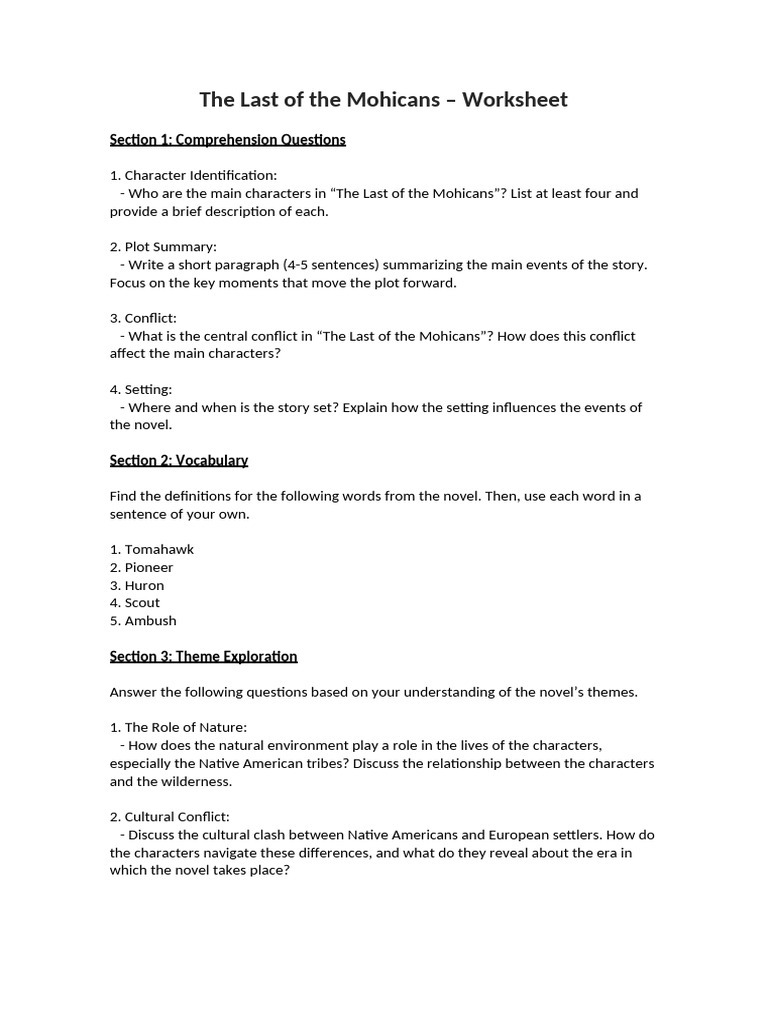 Last of the Mohicans Study Guide | PDF