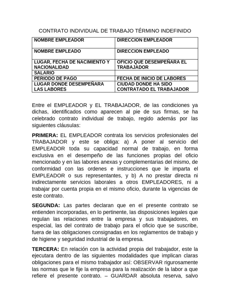 Contrato Laboral Indefinido Detallado | PDF | Salario | Derecho laboral