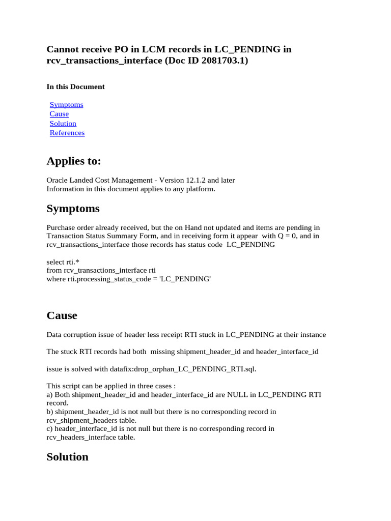 Cannot Receive PO in LCM Records in LC - PENDING in RCV - Transactions ...