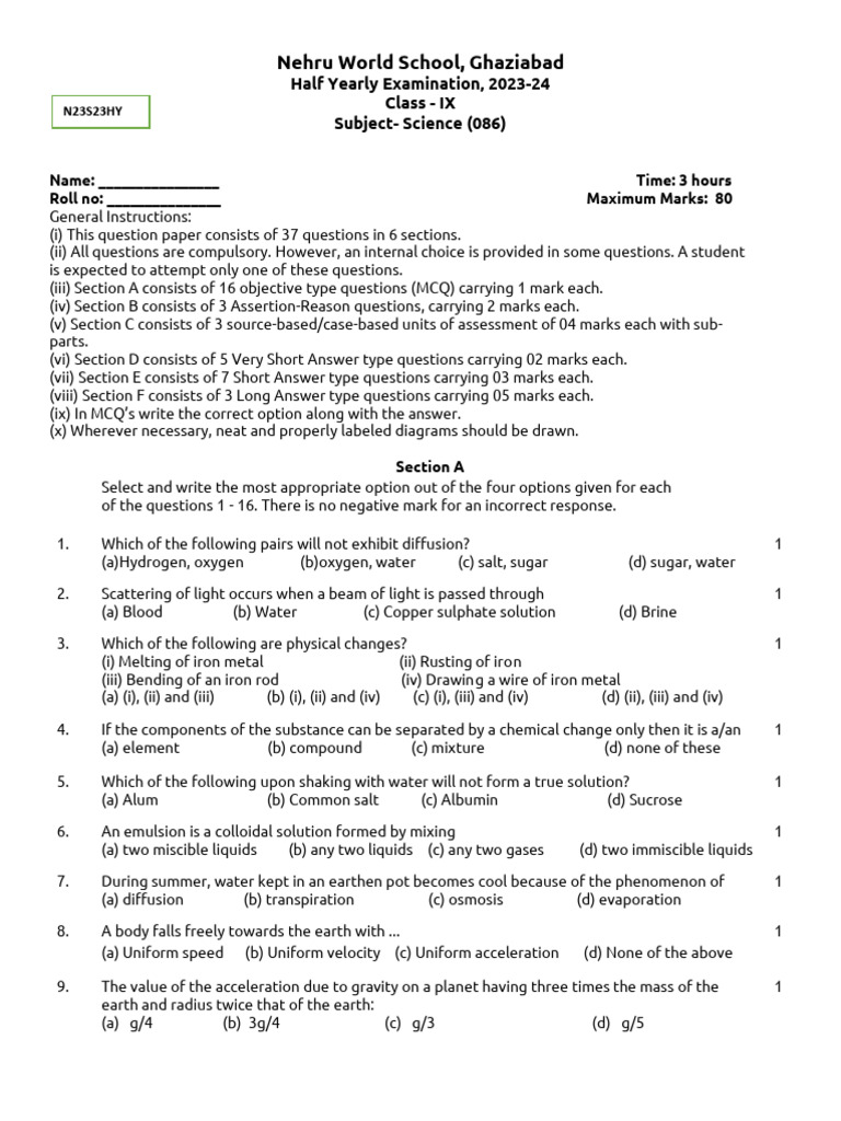 IX Science Half Yearly Question Paper | PDF | Force | Gravity