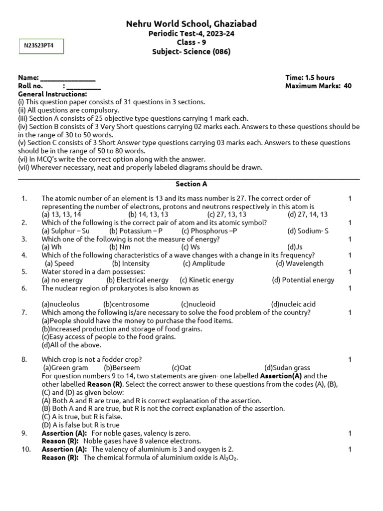 IX Science PT IV Question Paper | PDF | Atoms | Electron