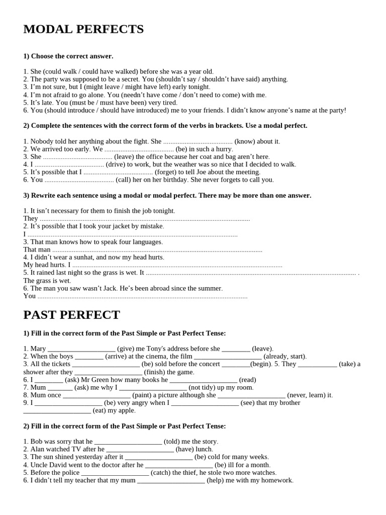 Past Perfect and Modals Exercises | PDF | Language Mechanics | Linguistics