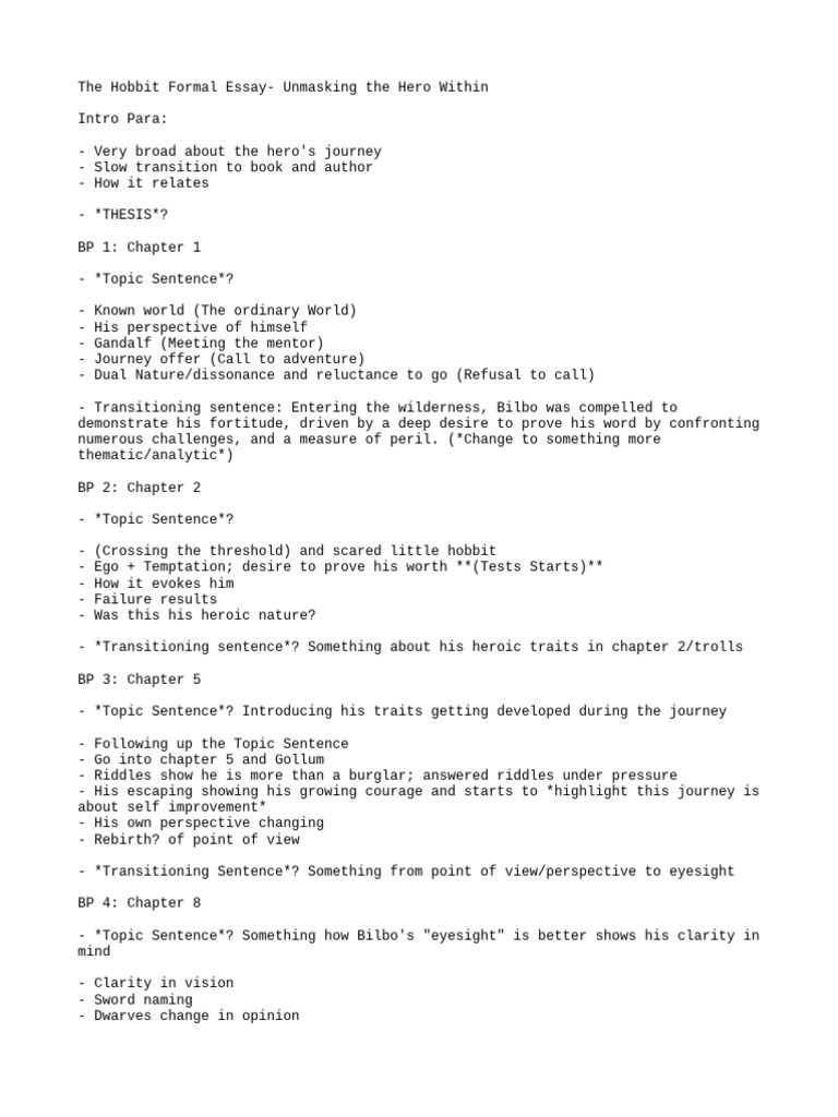 The Hobbit Formal Essay Outline - Unmasking The Hero Within | PDF
