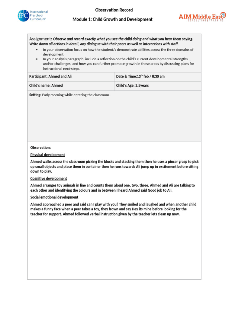 Student Observation: Ahmed's Development | PDF