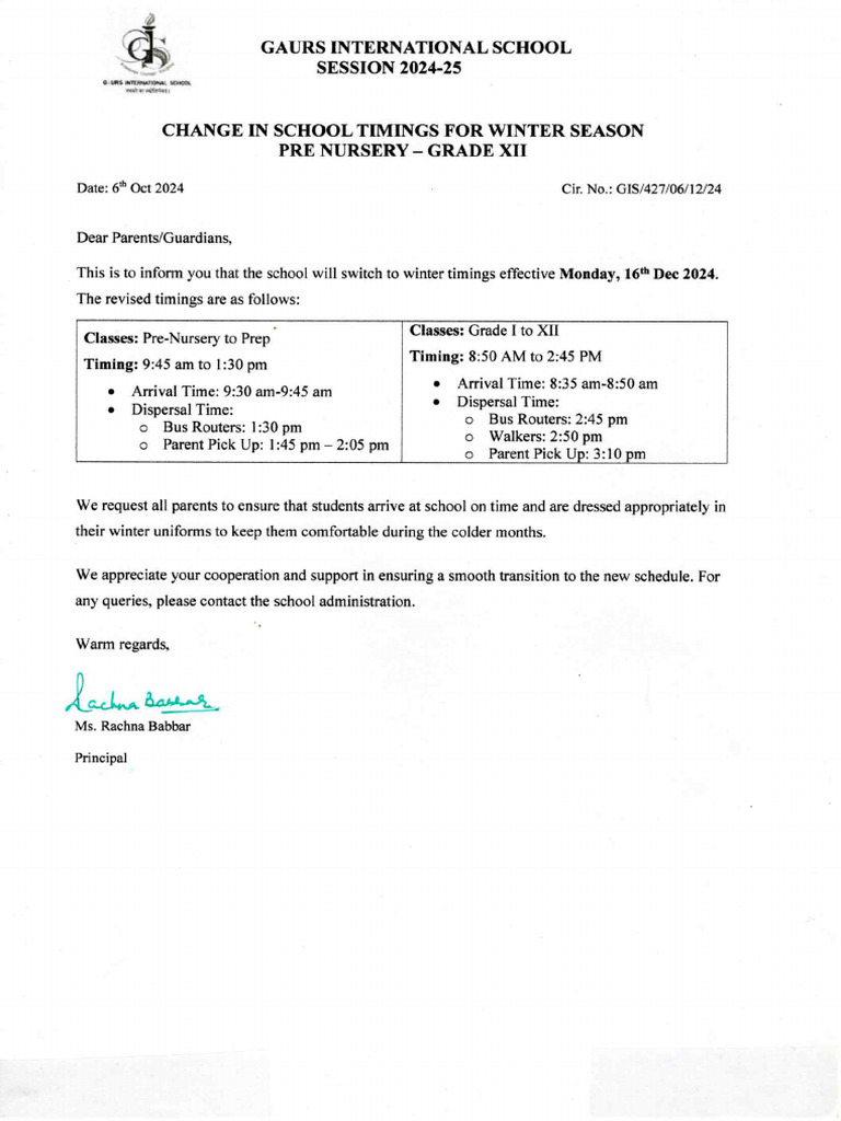 Winter Timings 2024 | PDF