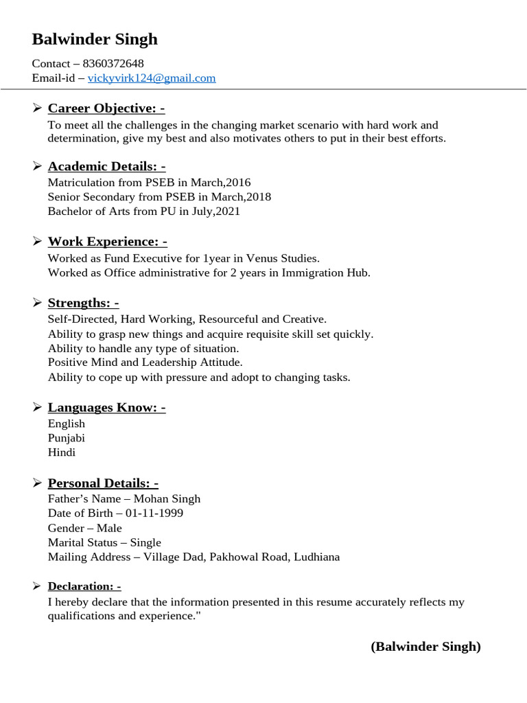 Balwinder Singh's Professional Resume | PDF