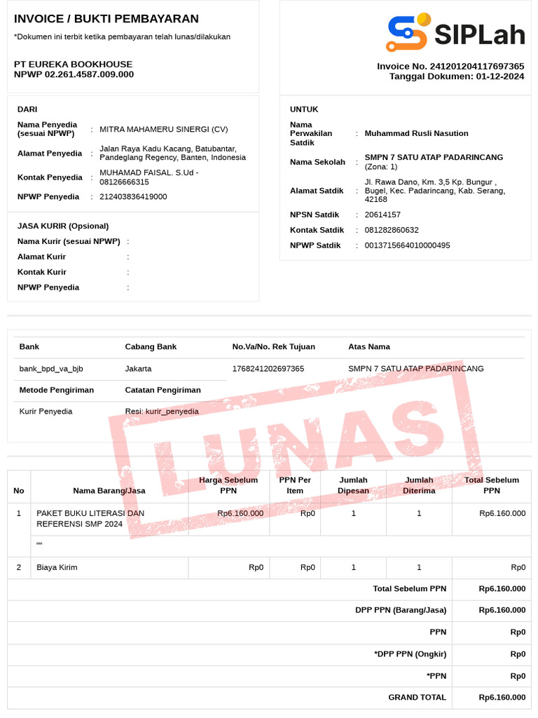 Invoice Pembelian Paket Buku SMP 2024 | PDF