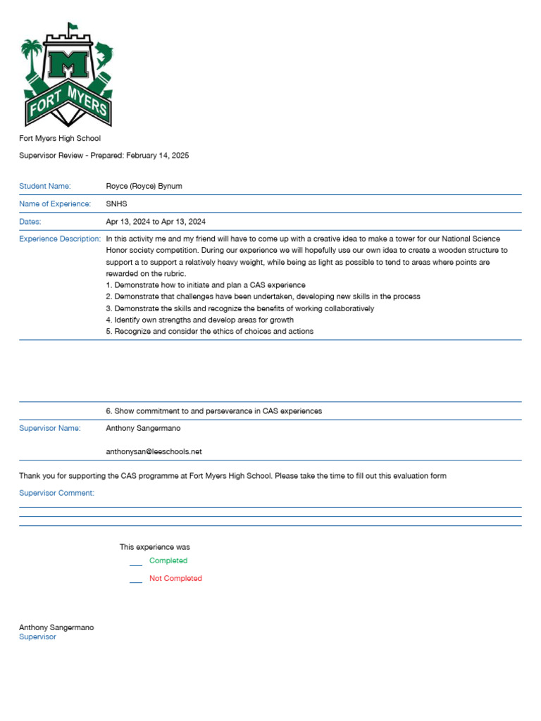 CAS Completion Form - Bynum Royce Royce - SNHS | PDF