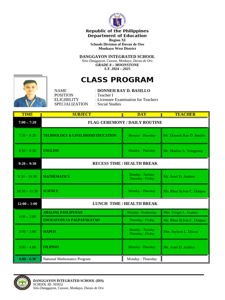 Class-Program-Grade 8-Moonstone | PDF | Philippines